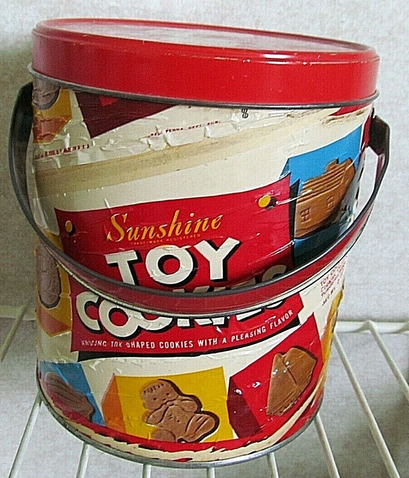 Vintage Sunshine Toy Cookies Tin only 5" Diameter 5-1/2" Tall Cardboard ...
