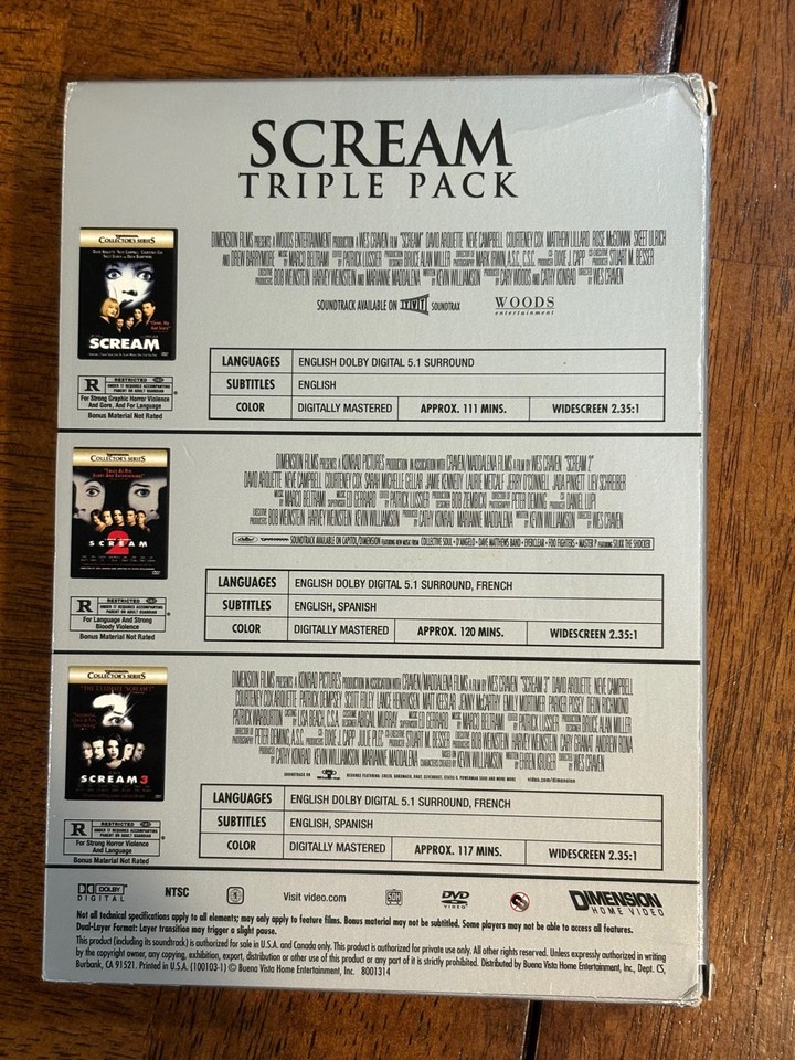 Scream Triple Pack DVD 3-Disc Set Trilogy Scream 1, 2 & 3 Box Set ...
