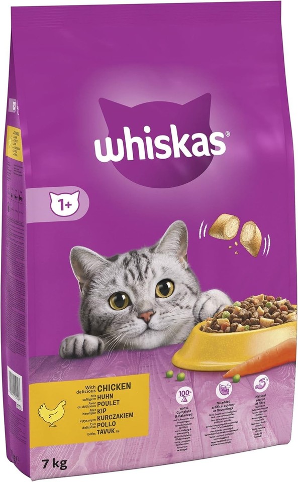 WHISKAS - 1+ Adult Dry Cat Food - 7kg - Biscuits Made with Chicken ...