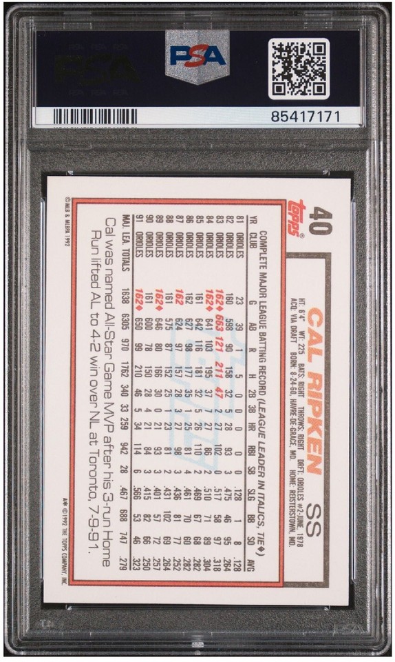 1992 TOPPS CAL RIPKEN JR. #40 PSA 9 MiNT W/ LOU GEHRIG BALTIMORE ...