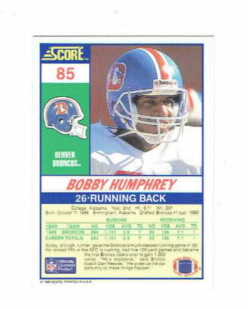 Bobby Humphrey Denver Broncos #26 RB #85 Score 1990 Football Card | eBay