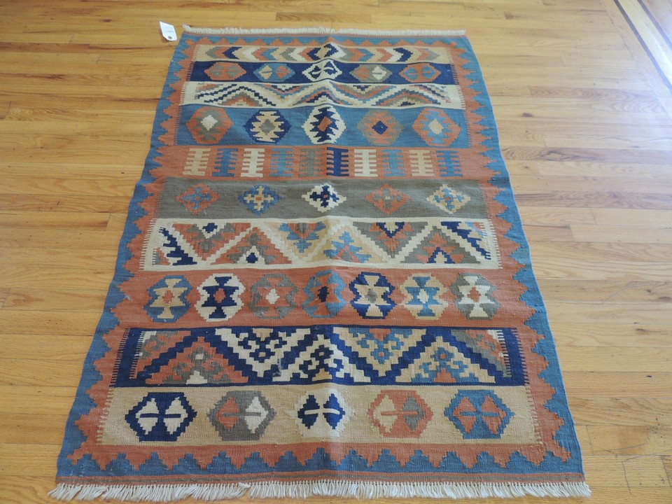 3x5 Turkish Kilim Reversible Wool Area Rug Geometric design Blue Orange ...