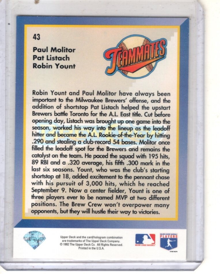 1993 Upper Deck - Teammates #43 Paul Molitor, Robin Yount, Pat Listach ...