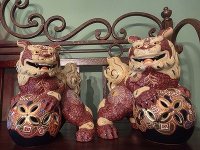 Kutani ware Japanese Porcelain Red Foo Dogs Shishi Lion Statues Pair 8 ...