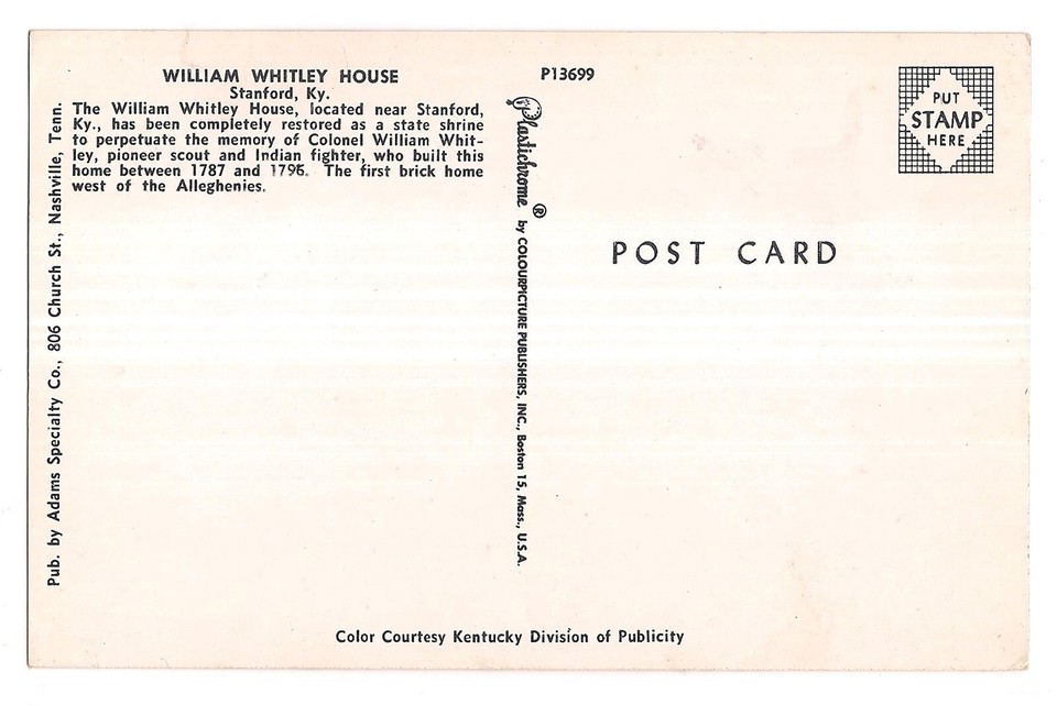 Colonial WILLIAM WHITLEY HOUSE Standford Kentucky Postcard KY Built in ...