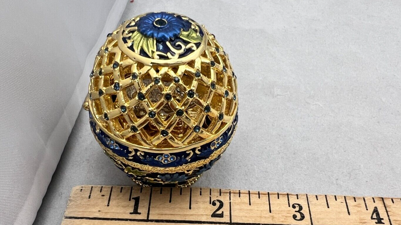 Unique AKM FABERGE EGG Enamel Rhinestone Blue Gold w/ Frog Inside ...