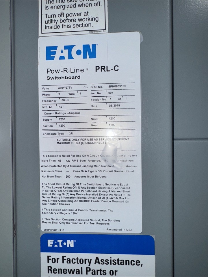 Eaton 1200A POW-R-LINE SwitchBoard 3R 480/277V 3P 4W Panel Switchgear ...