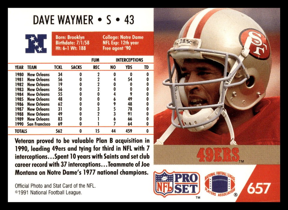 1991 Pro Set #657 Dave Waymer San Francisco 49ers Football Card NM | eBay