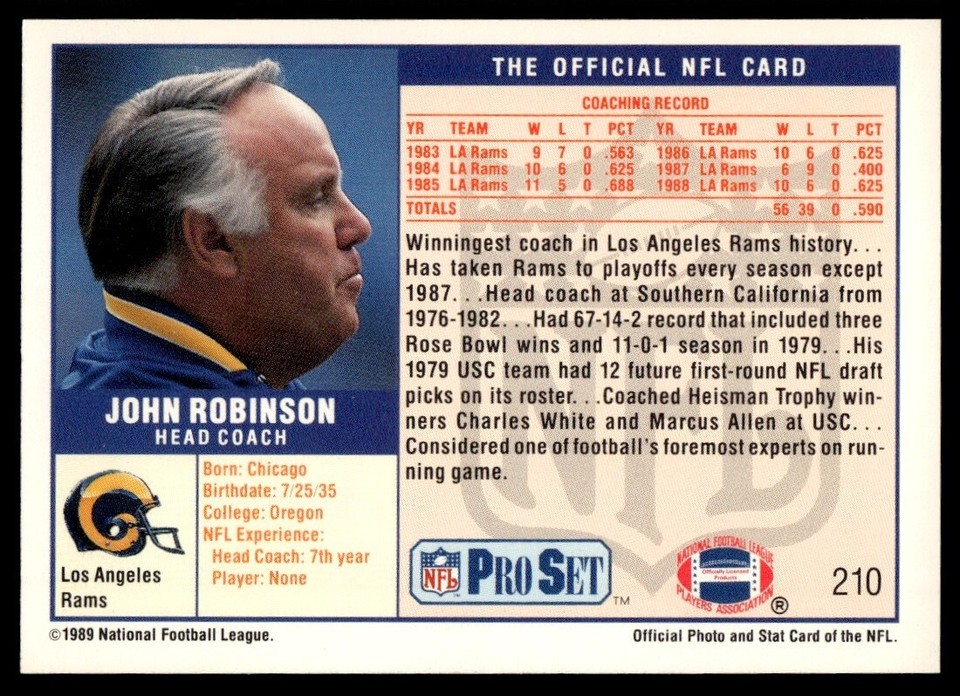 1989 Pro Set John Robinson Los Angeles Rams #210 | eBay