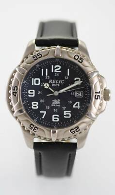 Relic Blue Mens Stainless Silver Black Leather 24hr Date 50m Quartz ...