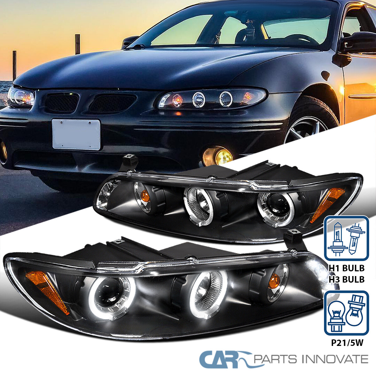 Fit 1997-2003 Pontiac Grand Prix [LED Halo] Projector Headlights Black ...
