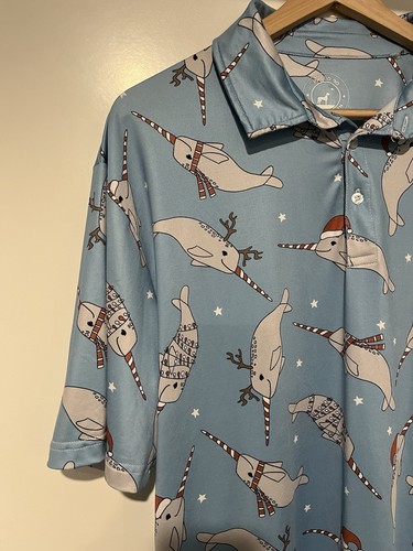 Proud 90 Golf Polo Shirt Sz XL Blue Christmas Narwhal Holiday All Over ...