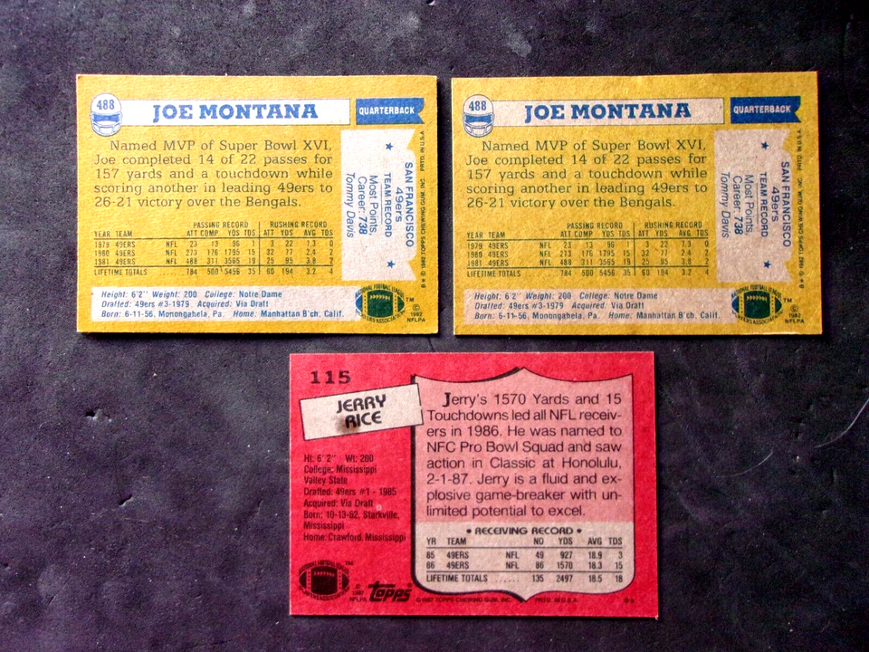 3 CARD 1982 TOPPS #488 JOE MONTANA..1987 TOPPS #115 JERRY RICE ...