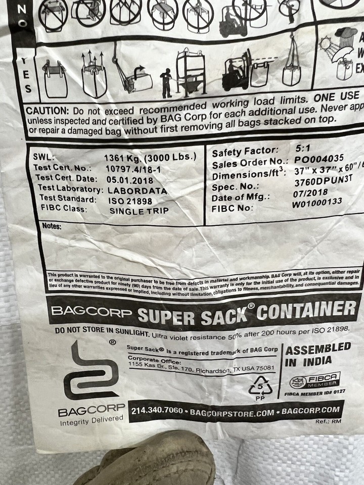 Super Sack Container 37”x37”x60” Heavy Duty Bulk Bag (MOE) | eBay