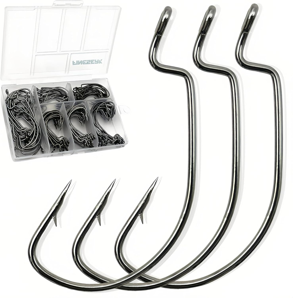 120Pcs Bass Fishing Hooks Freshwater Premium Extra Wide Gap Offset Worm ...