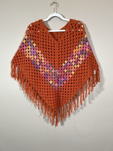 Handmade Crochet Poncho Afghan Shawl Fringe Cottagecore Granny Boho ...