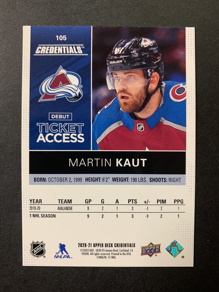 Martin Kaut 2020-21 Upper Deck Credentials Blue Debut Ticket Access /99 ...