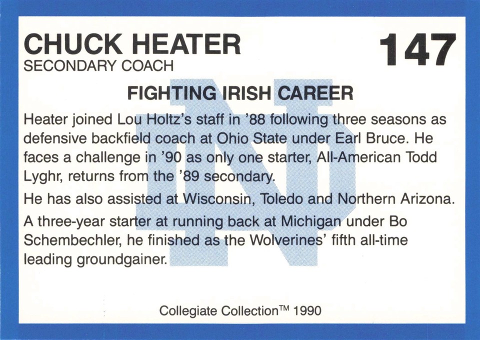 1990 Collegiate Collection Notre Dame #147 Chuck Heater | eBay