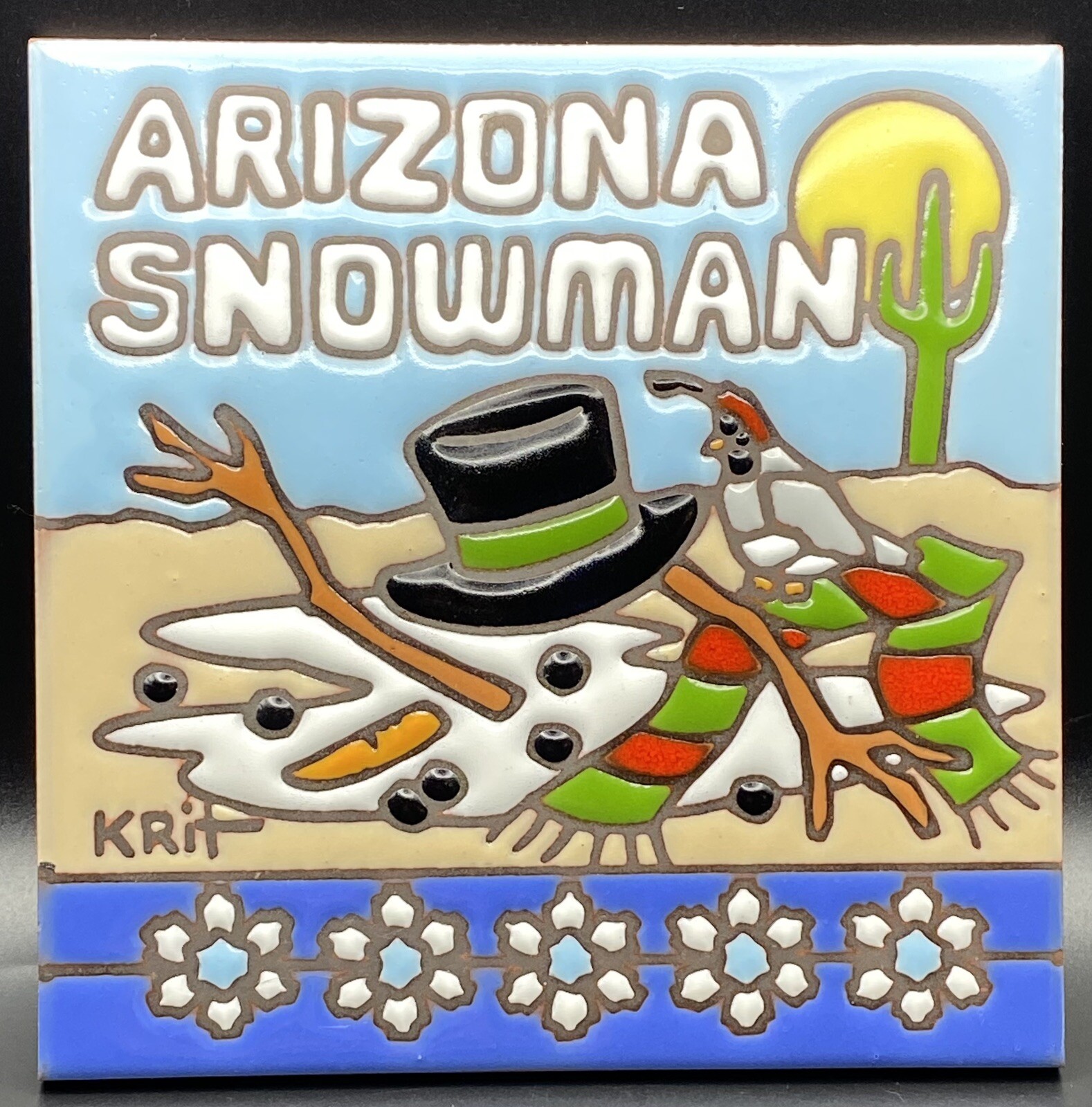 2006 Earthtones Wall Tile Arizona Snowman Winter Desert Cactus Signed ...
