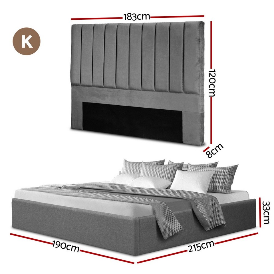 King Bed Frame with Storage Grey Velvet Headboard Gas Lift Platform ...