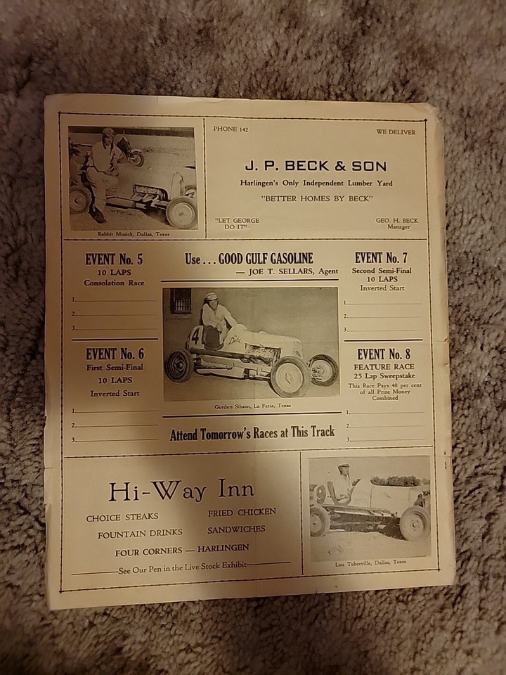 Vintage 1940 Midget Auto Race Program Fair Park Speedway Harlingen TX ...