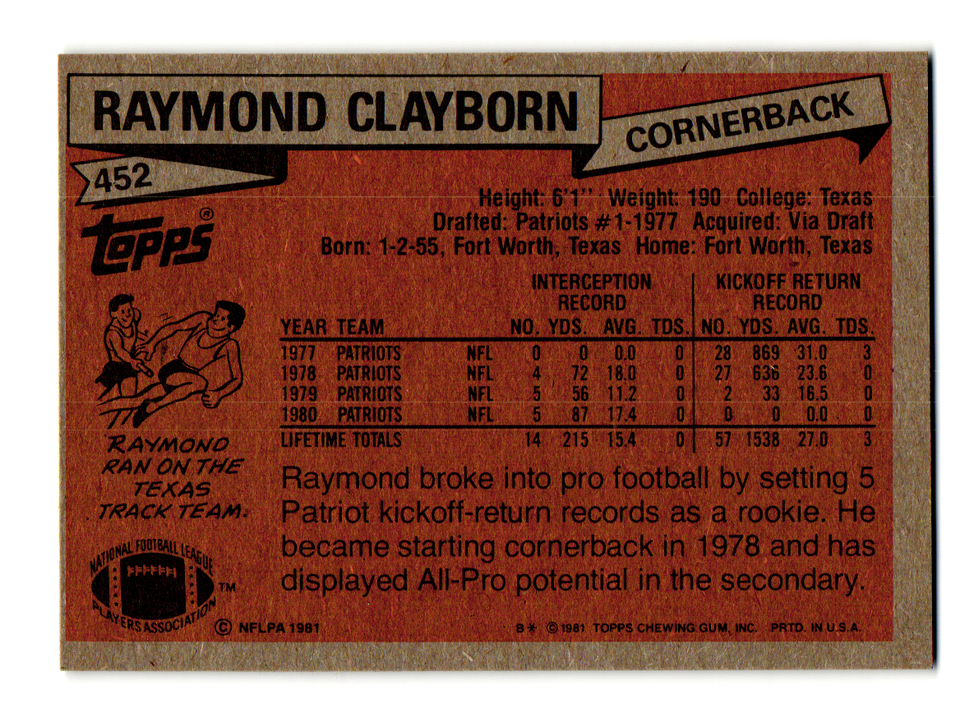 1981 Topps Football Card # 452 Raymond Clayborn - New England Patriots ...