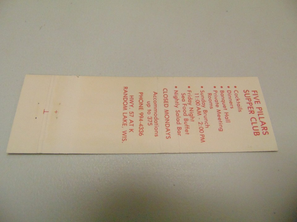 AM420 Vintage Matchbook Cover The Five Pillars Restaurant Random Lake ...