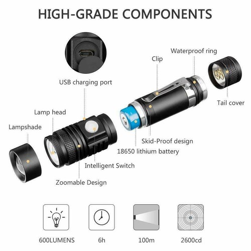 2 PACK Shadowhawk Flashlight Rechargeable USB T6 LED Tactical Torch | eBay
