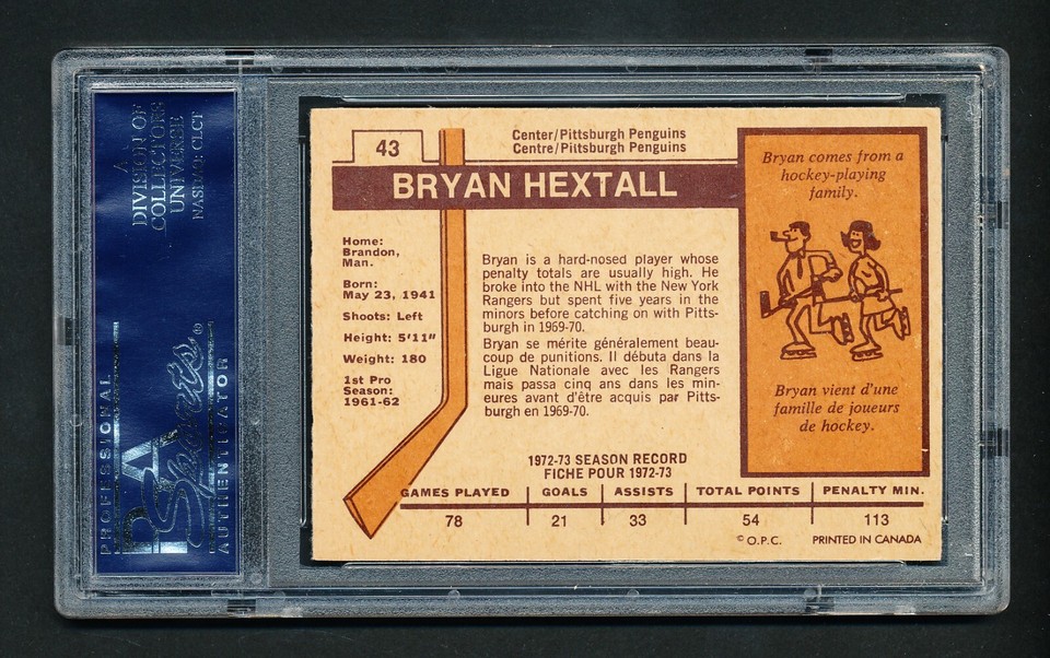 1973 OPC HOCKEY 43 BRYAN HEXTALL PENGUINS PSA 7 NEAR MINT | eBay