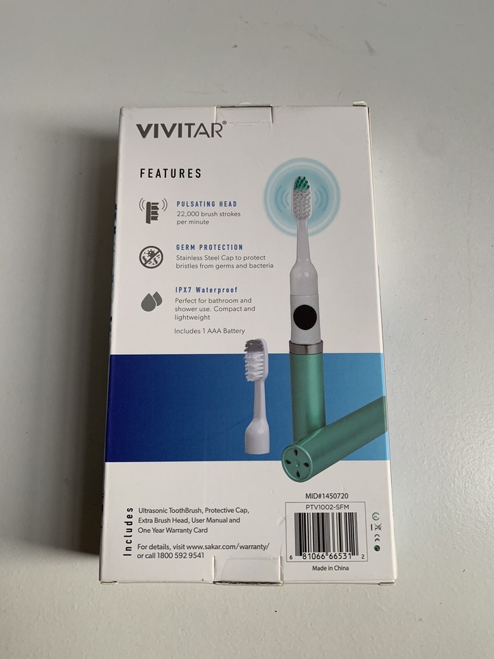 VIVITAR Ultrasonic Toothbrush Pulsating 2 Brush Heads IPX7 Waterproof ...