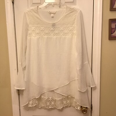 Krazy Kat Womens L White Lace Romantic Tunic Top Blouse Sheer Overlay ...