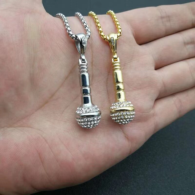 Mens Punk Hip Hop CZ Microphone Pendant Necklace Music Lover Jewelry ...