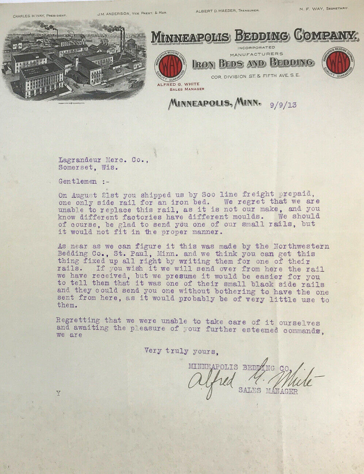 Antique Minneapolis Bedding Company Advertising Letterhead Letter MN ...