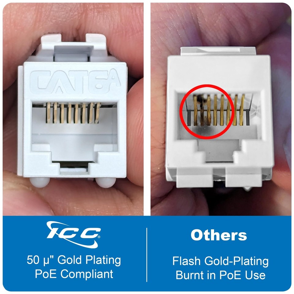 ICC CAT6A Keystone Jack with Slim Profile 180 Degree Punch Down, 10Gbps ...