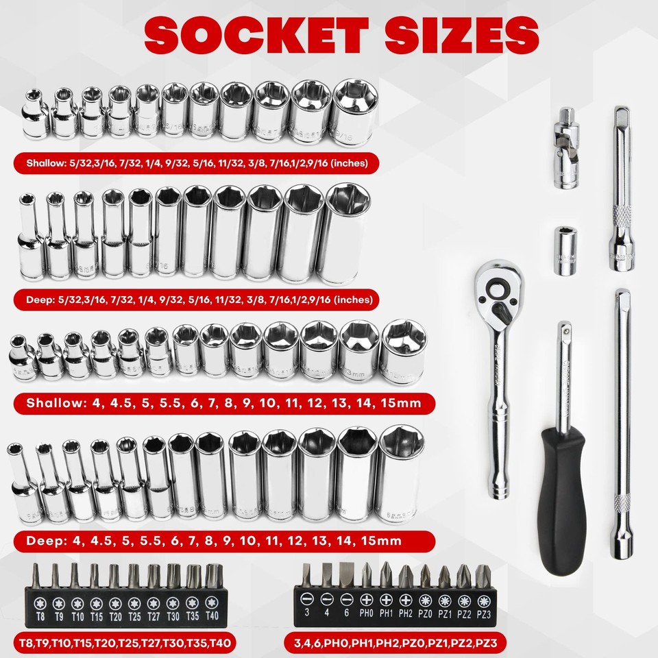 YIYITOOLS 74 Pcs 1/4" Drive Socket Set,1/4-Inch Drive Master Socket Set ...