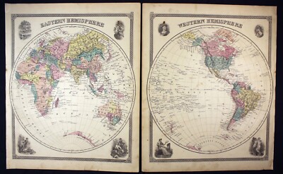 1876 Antique Maps Eastern Hemisphere & Western Hemisphere Original ...