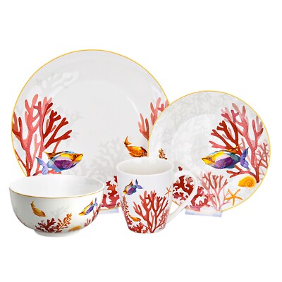 24pc Bone China Dinner Service Set Porcelain Dinnerware Coral Reef ...