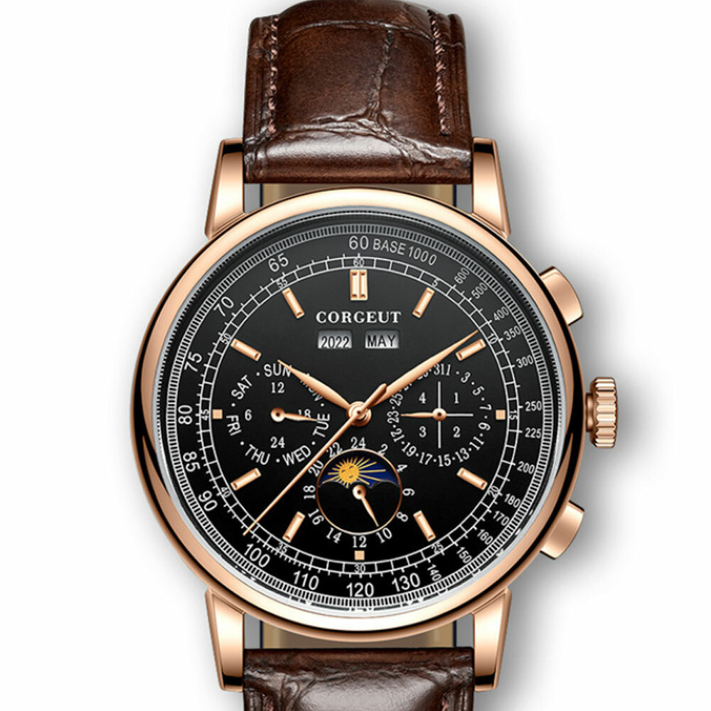 Polished 42mm Corgeut Multifunction Automatic men's watch white black ...