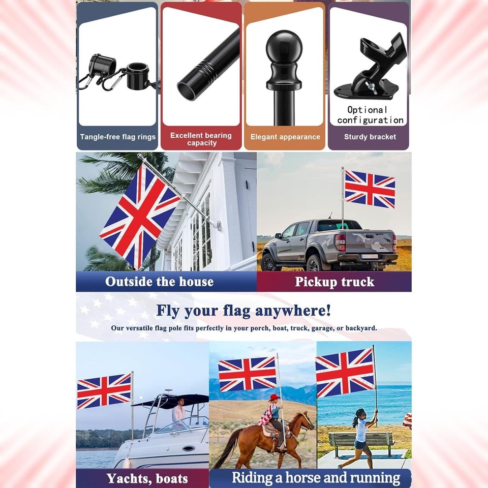 Union Jack Flag with 6FT Pole & Wall Mount Bracket, 5x3ft Large British ...