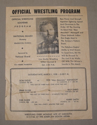 Vintage Wrestling Program Pete "Man Mountain" Managoff Mar 1, 1958 ...