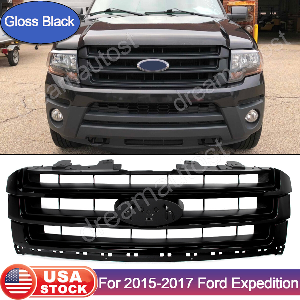 For 2015 16 2017 Ford Expedition Front Bumper Upper Grille Gloss Black ...