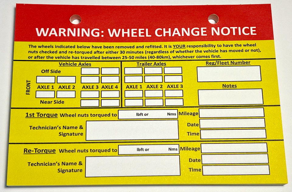 Wheel Change Notice Tag, Card, Re-torque, Tourque Warning (50 punched ...