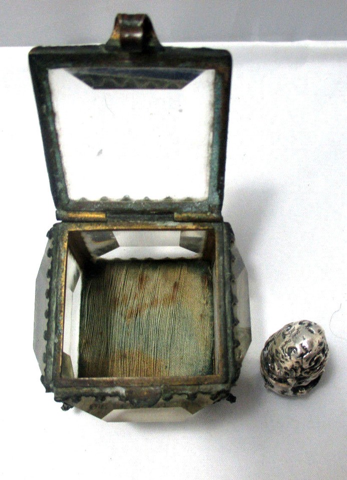PALAIS ROYAL, CUT GLASS square BOX & STERLING THIMBLE, c1800 Original ...