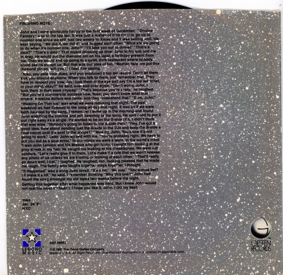 YOKO ONO 7 Inch 45 Walking on thin ice_It happened 1981 Geffen PS | eBay