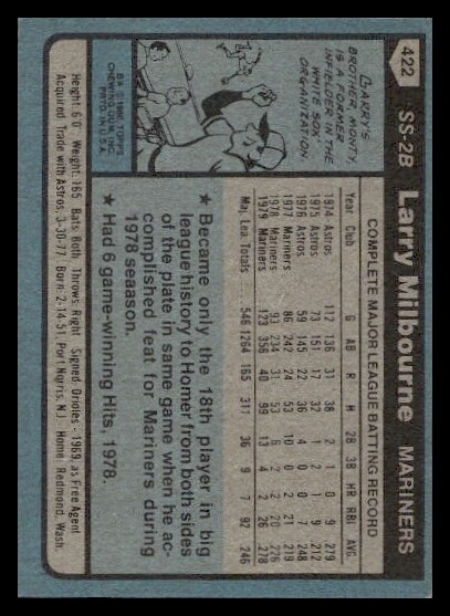 1980 Topps #422 Larry Milbourne Seattle Mariners Baseball card | eBay