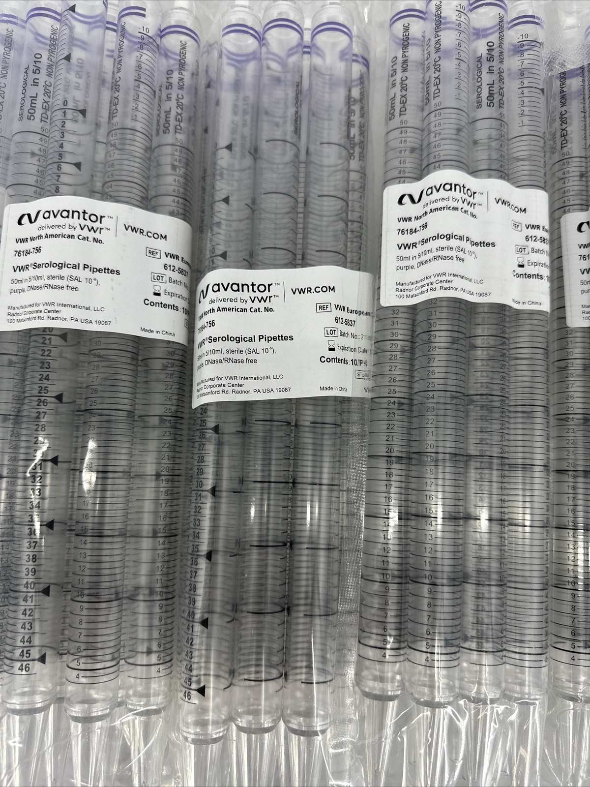 LOT OF 70 VWR Avantor 76184-756 Serological Pipettes 50mL in 5/10mL ...