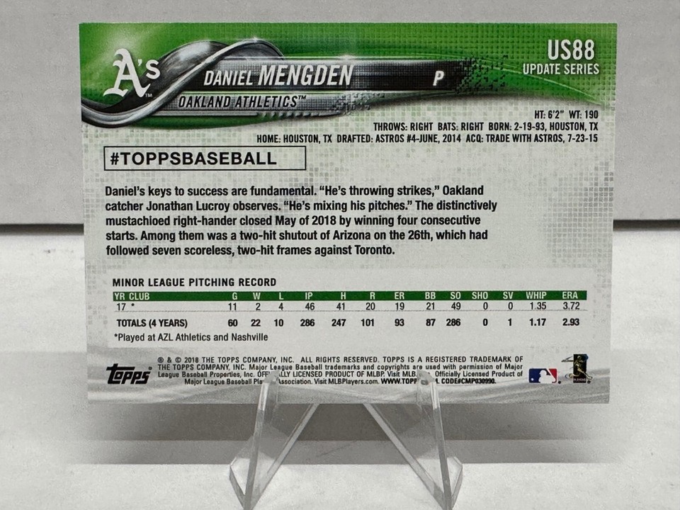 2018 Topps Update Series Baseball Card #US88 Daniel Mengden RC Oakland ...