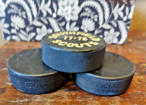 2 Official In Glass Co. Hockey Pucks - Made in Slovakia + 1 Southfield ...