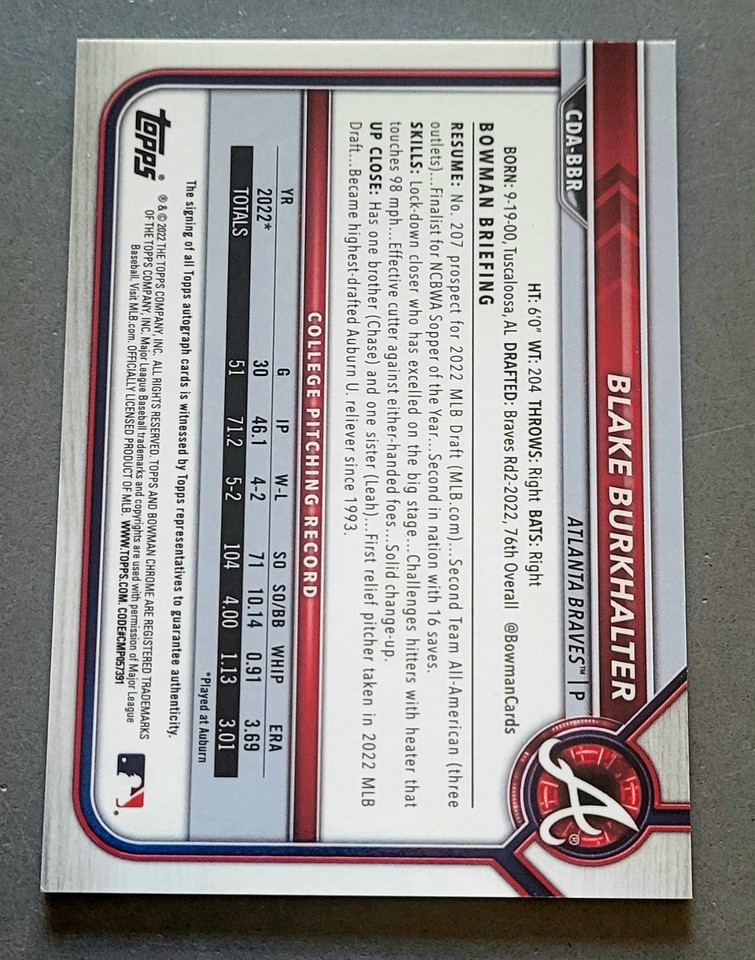 2022 Bowman Draft Chrome Purple Refractor Blake Burkhalter Auto 192/250 ...