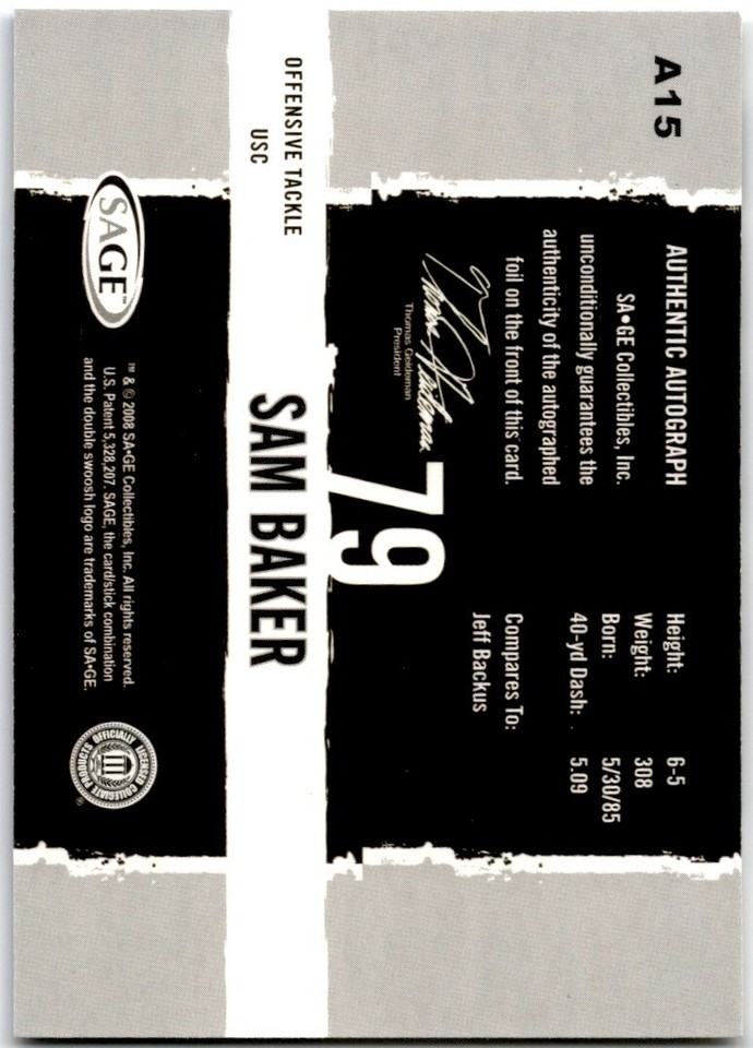 2008 SAGE Hit Sam Baker Autograph USC Atlanta Falcons | eBay